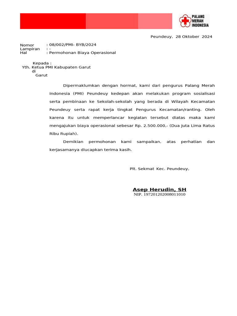 Proposal Permohonan Biaya Operasional Ke PMI | PDF