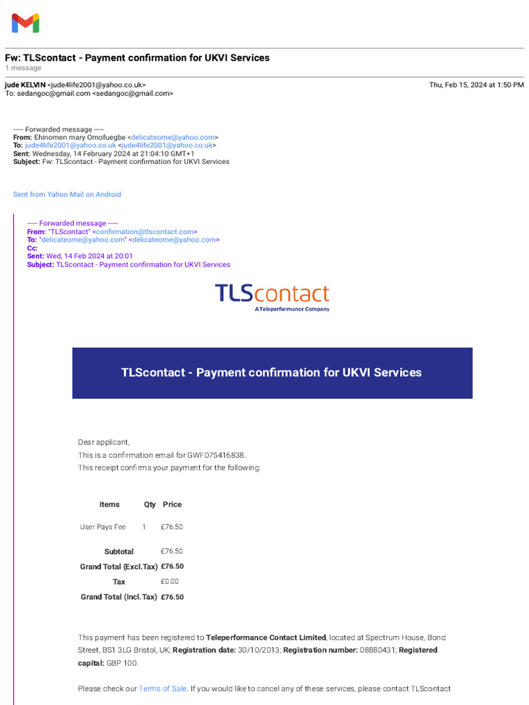Gmail - FW - TLScontact - Payment Confirmation For UKVI Services | PDF | Business | Finance ...