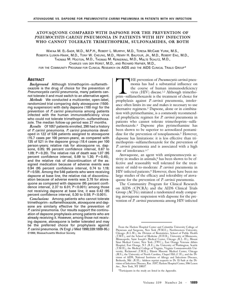 Atovaquone Compared With Dapsone For The Prevention of Pneumocystis ...