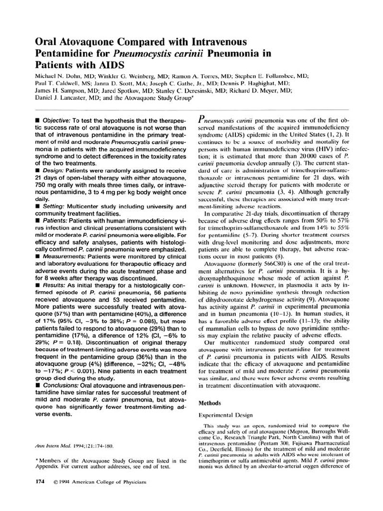Oral Atovaquone Compared With Intravenous Pentamidine For Pneumocystis ...