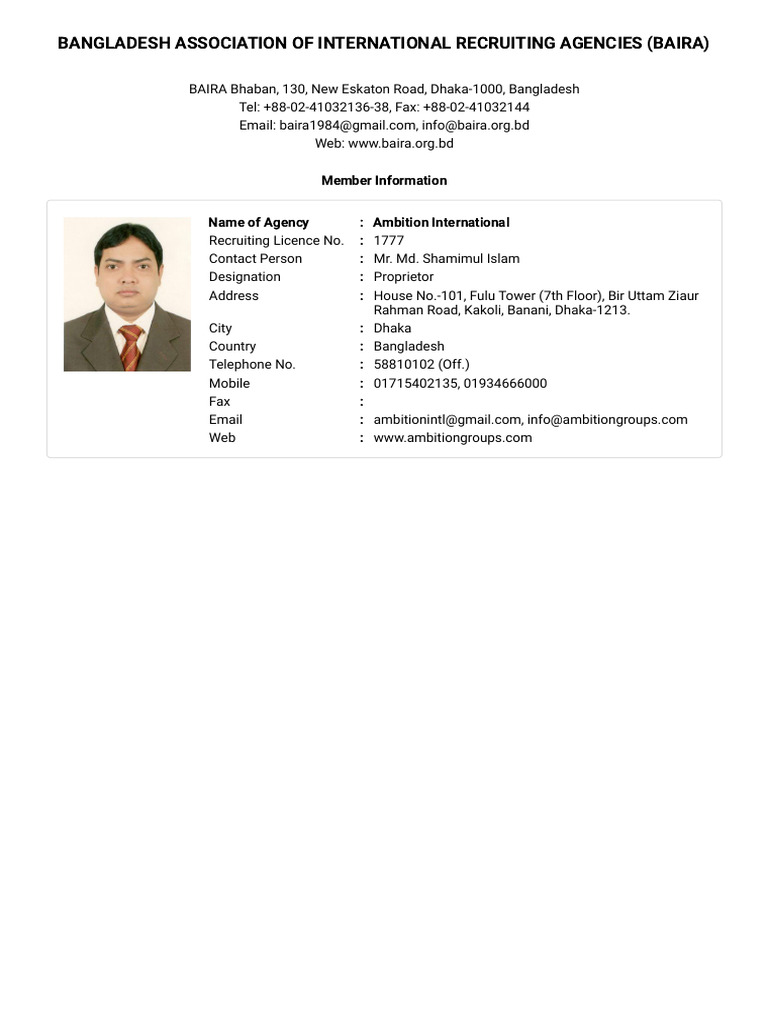Baira - Bangladesh Association of International Recruiting Agencies | PDF