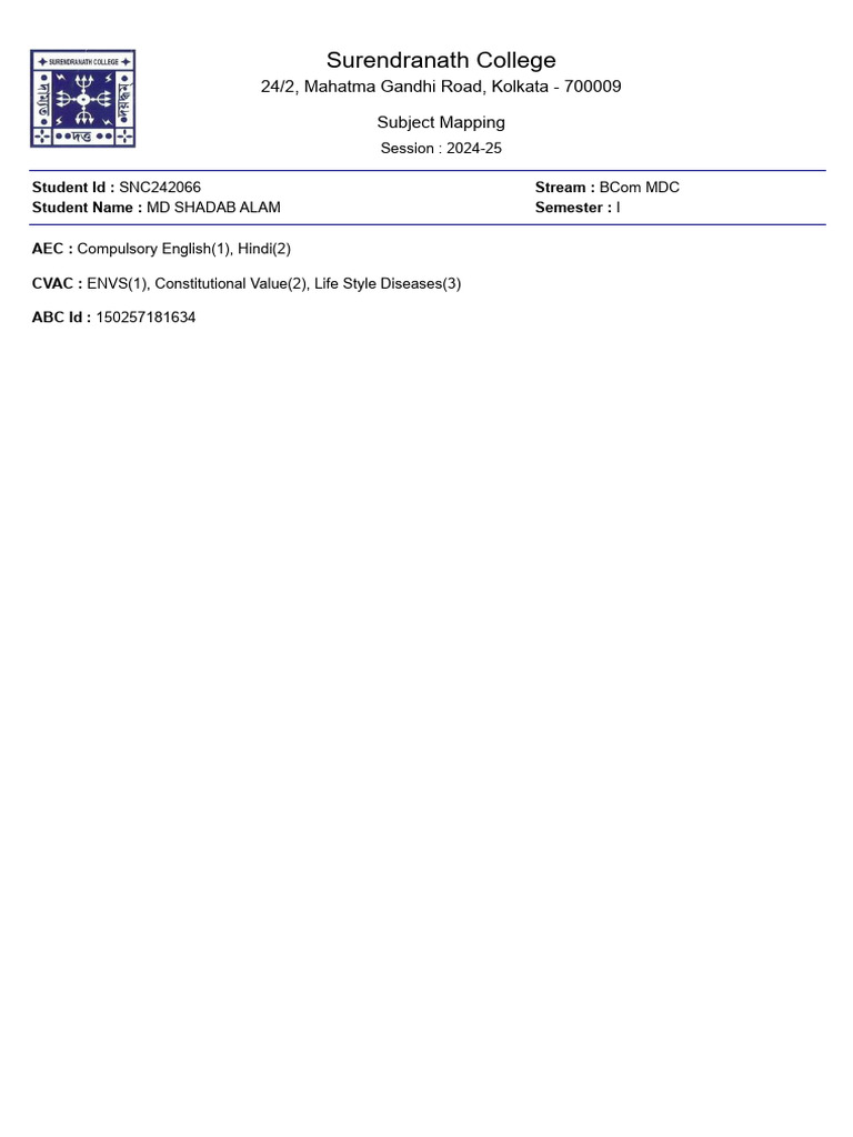 Shadab Alam's BCom MDC Semester I Details | PDF