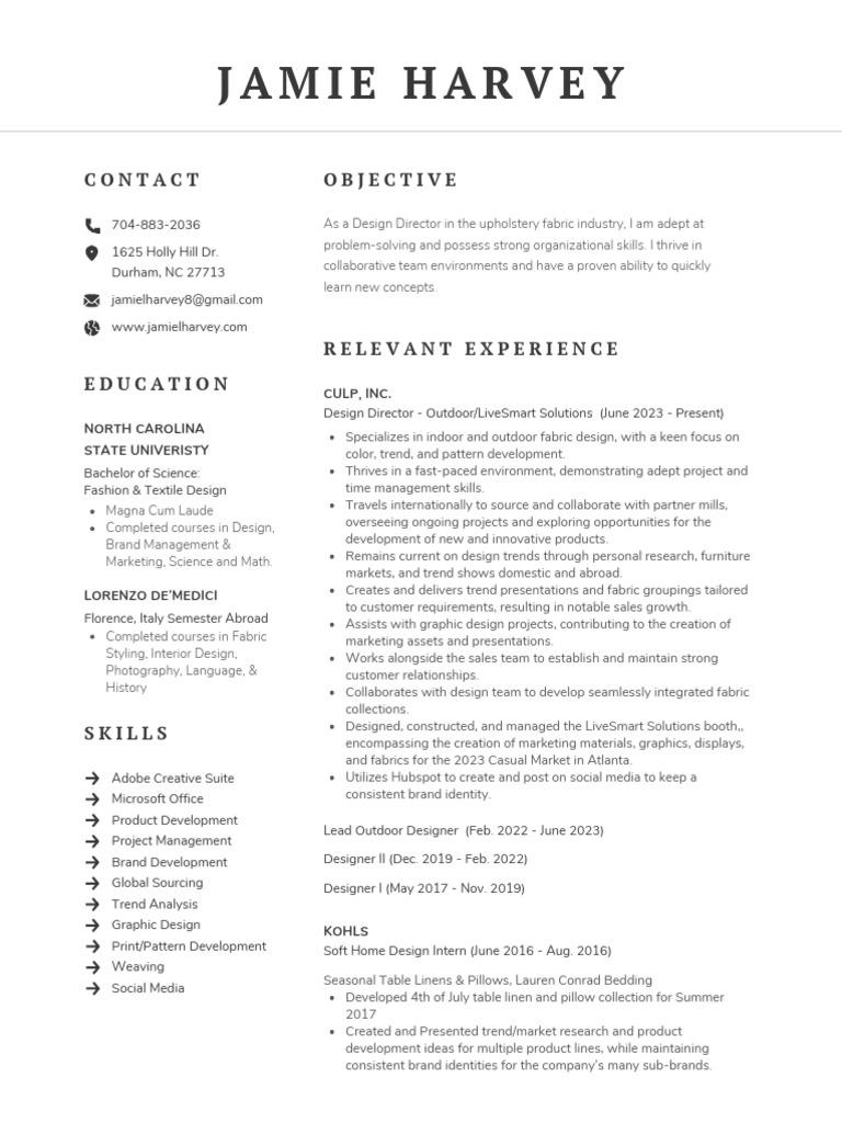 Jamie Harvey: Fashion Design Resume | PDF | Textiles | Brand