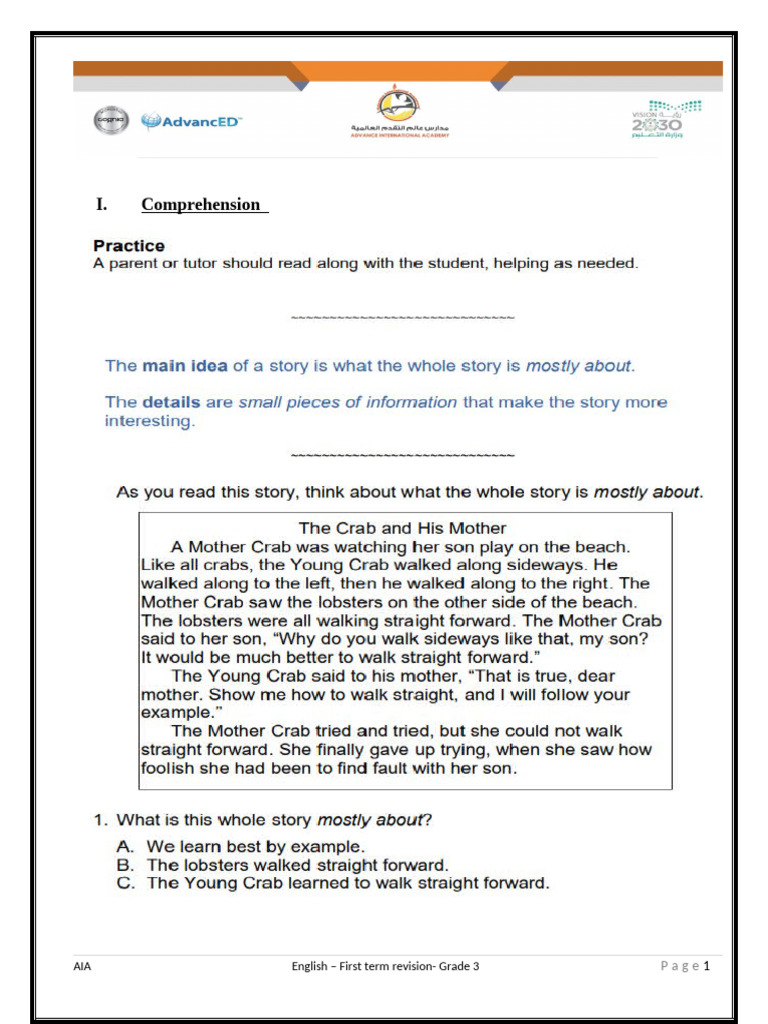 Comprehension Revision Sheet - Grade 3 | PDF