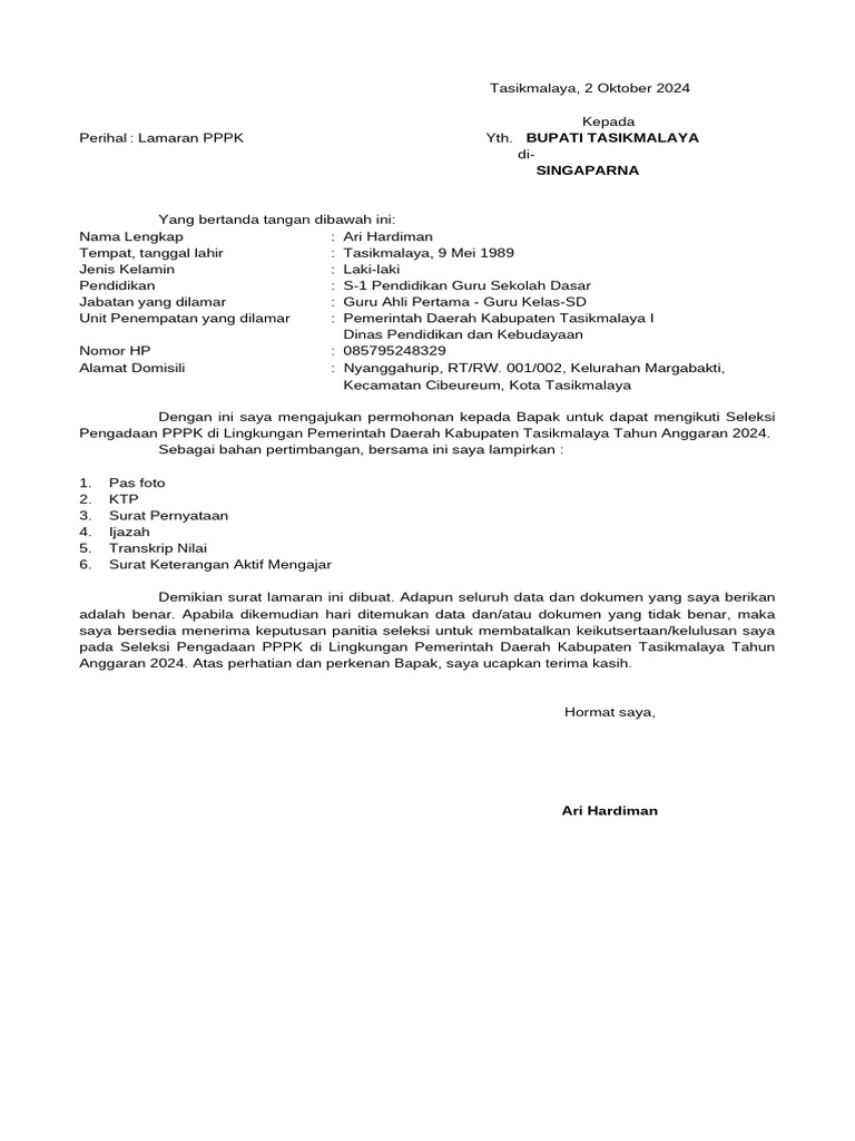 Surat Lamaran PPPK 2024 | PDF