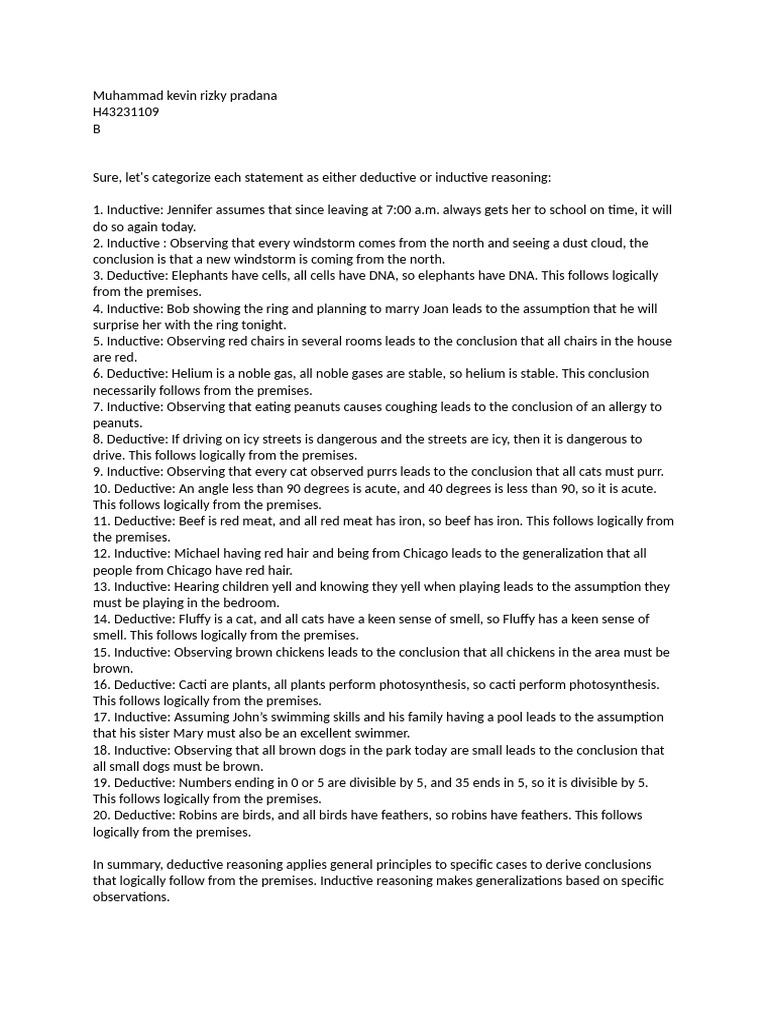 Muhammad Kevin Rizky Pradana - H43231109 - B | PDF | Inductive Reasoning | Deductive Reasoning