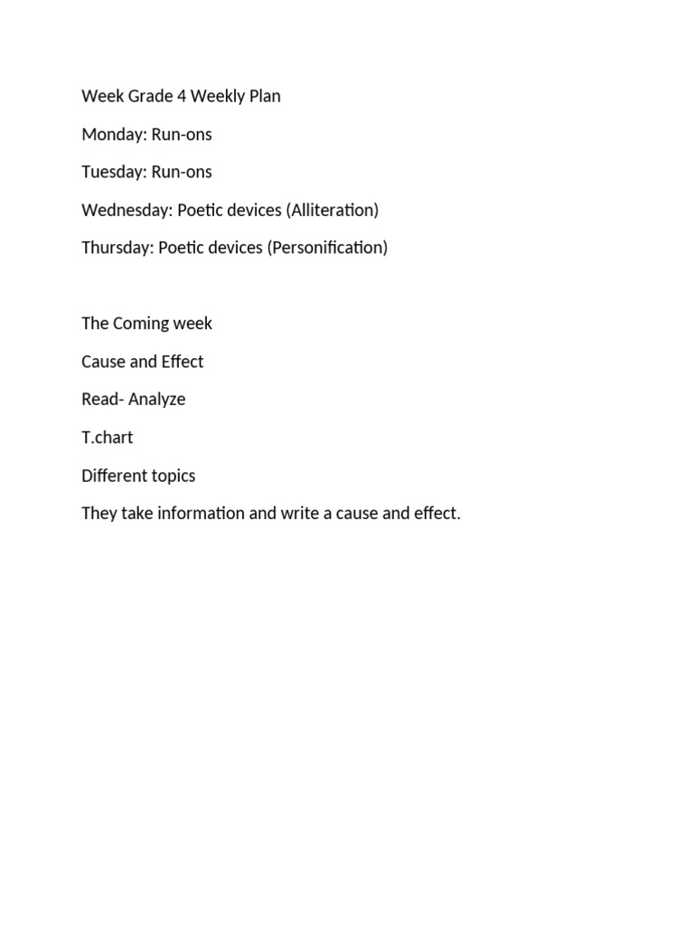 Grade 4 Weekly Language Arts Plan | PDF
