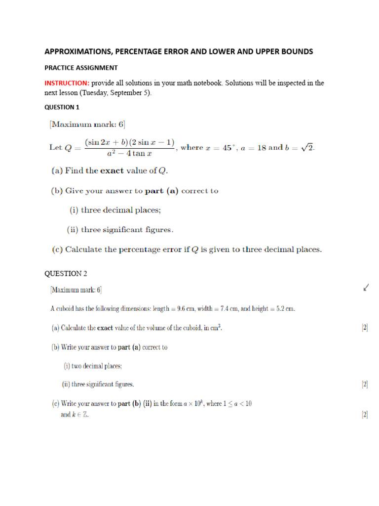 WORKSHEET - Approx. - Percentage - Error AI SL | PDF