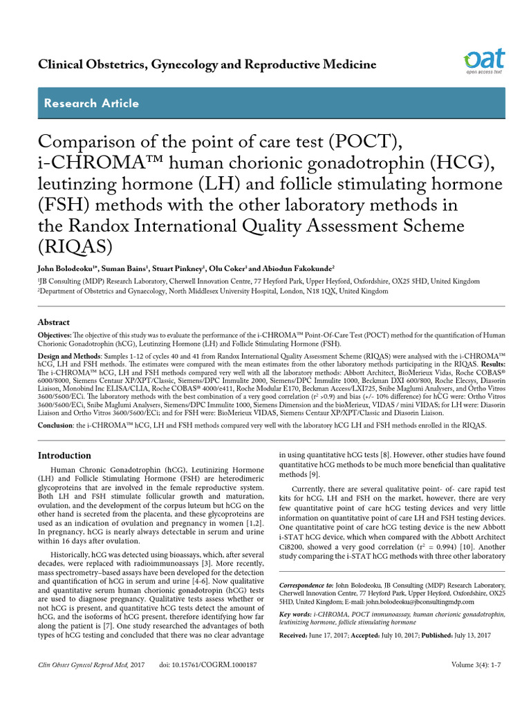 2017 - Comparison of The POCT, i-CHROMA™ HCG, LH and FSH Methods With ...