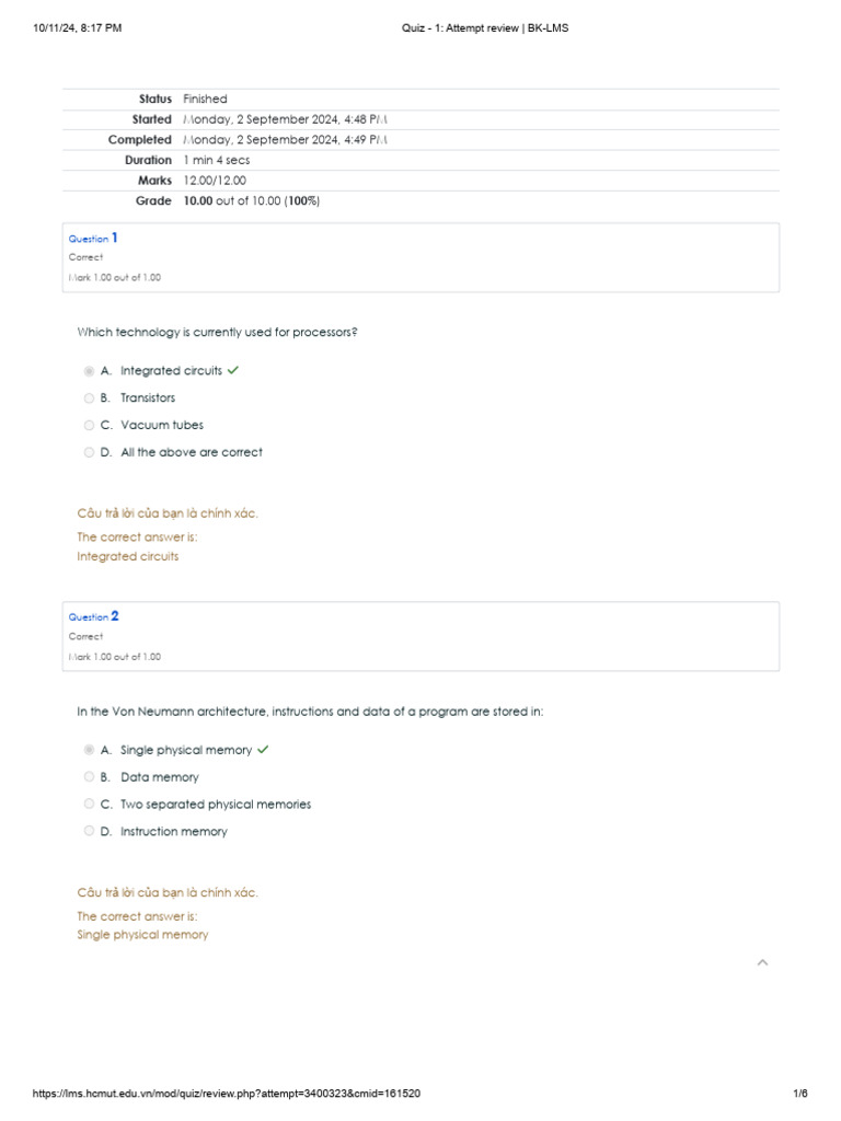 Quiz - 1 - Attempt Review - BK-LMS | PDF | Central Processing Unit | Integrated Circuit