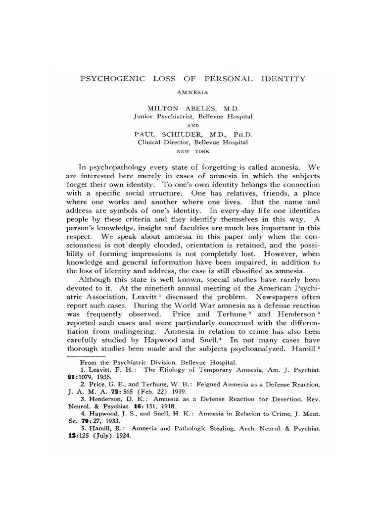 Psychogenic Loss of Personal Identity | PDF | Amnesia | Memory