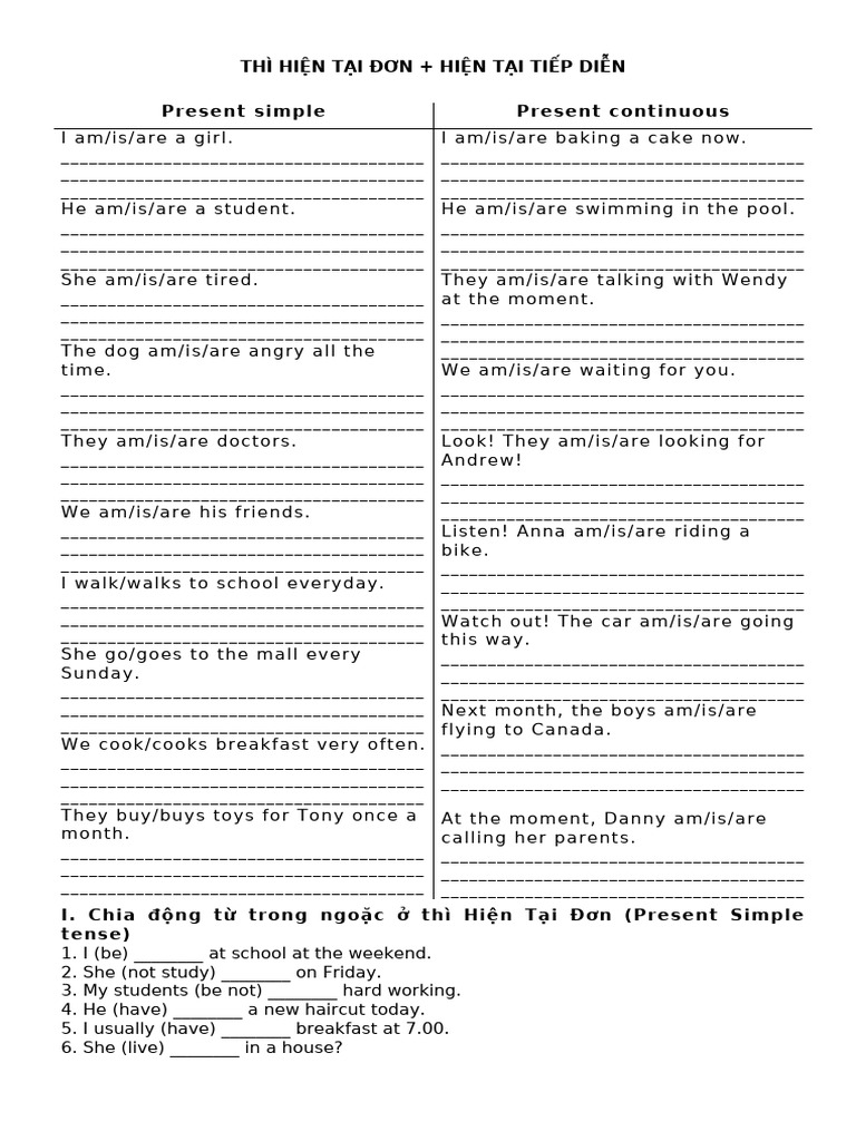 Bai Tap Thi Hien Tai Don Va Thi Hien Tai Tiep Dien Mon Tieng Anh Lop 6 | PDF