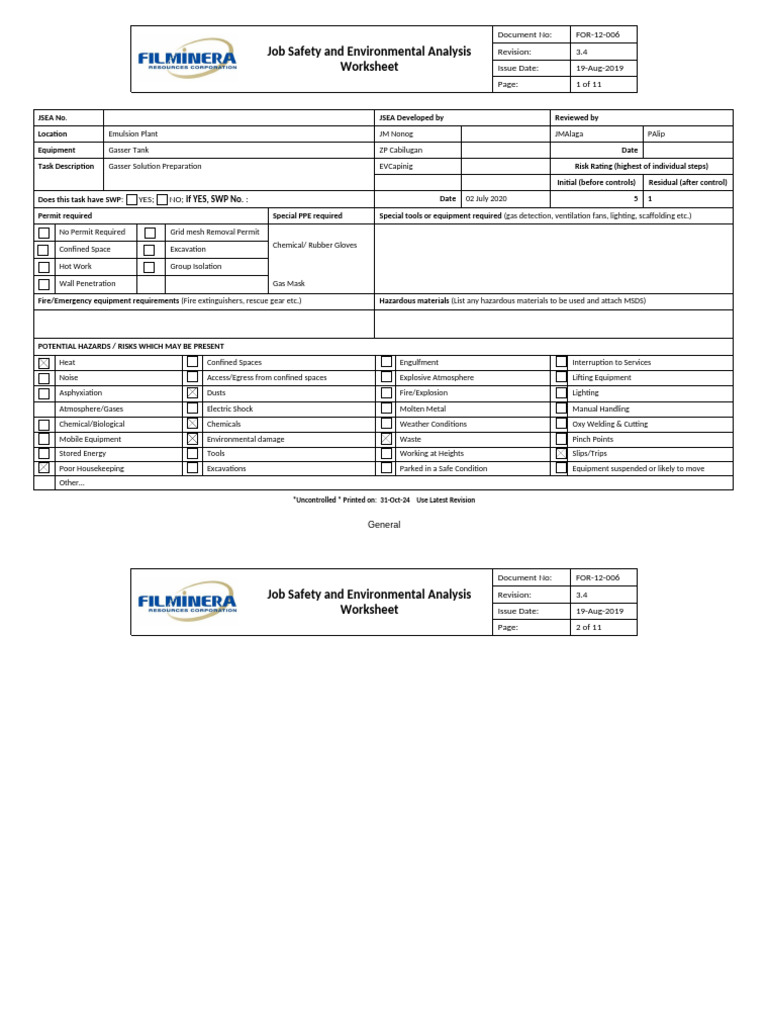 JSEA Gasser Solution Preparation 2020 2 | PDF | Risk | Personal ...