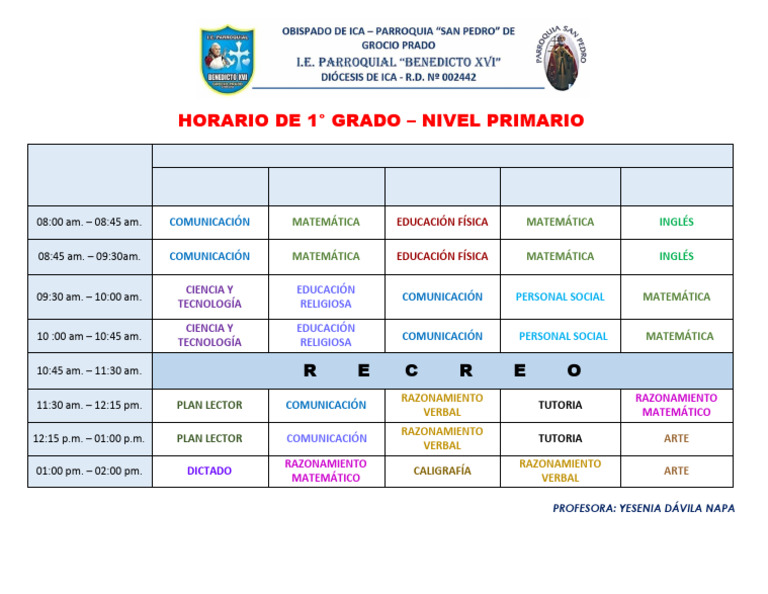 Horario - 1° Grado-1... | PDF