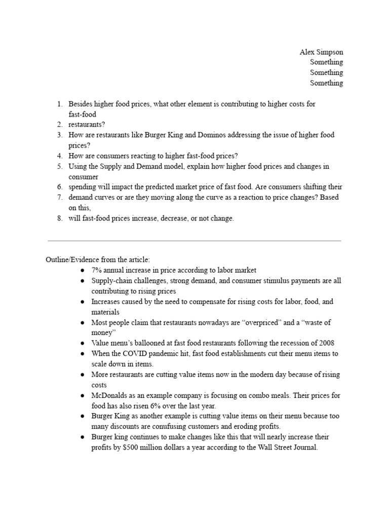 Econs Writing Assignment 2 | PDF | Fast Food | Prices