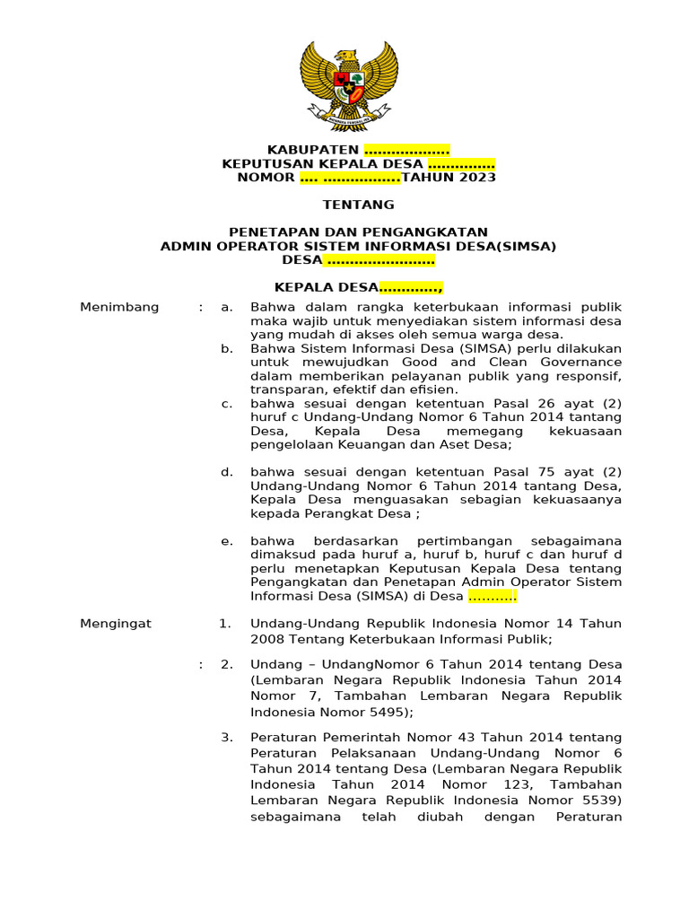 Contoh SK Admin Operator Sistem Informasi Desa1 | PDF