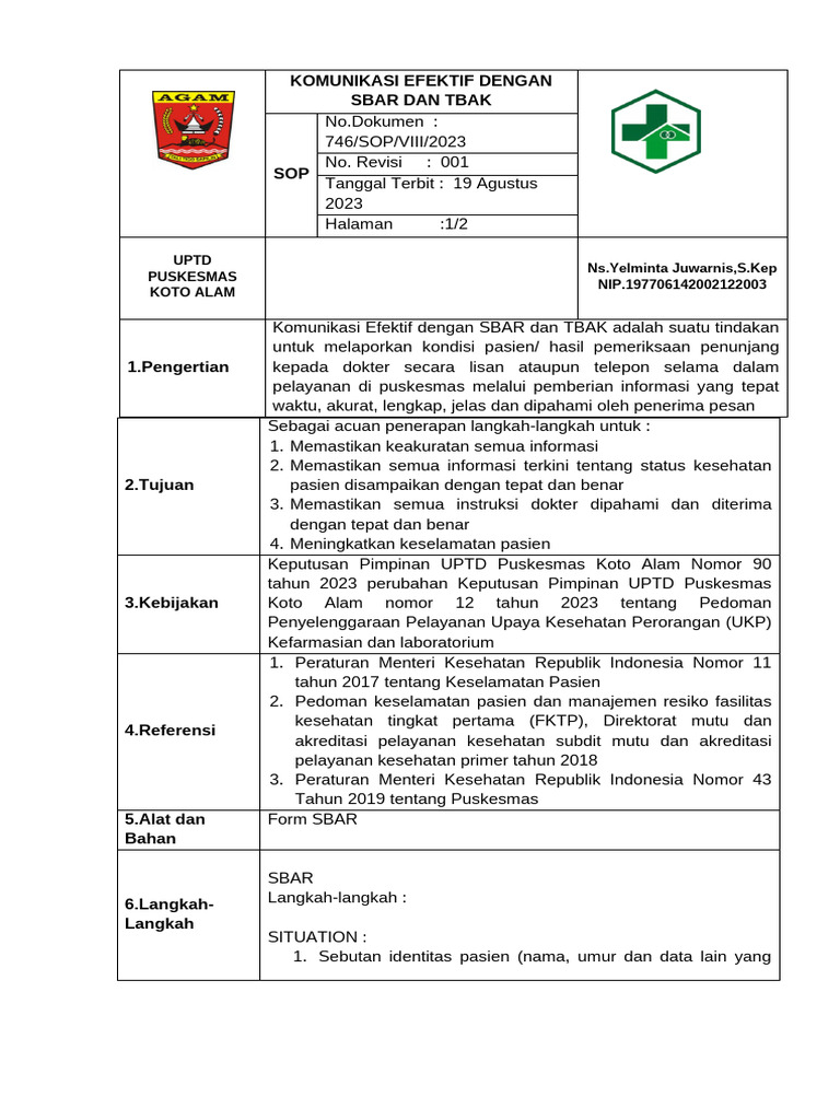 PERUBAHAN SOP TBAK Dan SBAR | PDF