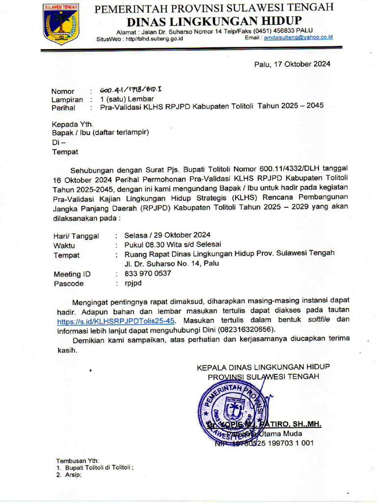 Undangan Validasi KLHS RPJPD Kabupaten Toli Toli 2 - 241028 - 082842 | PDF