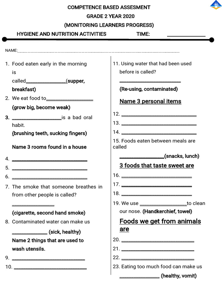 Grade 2 Hygiene and Nutrition Quiz | PDF