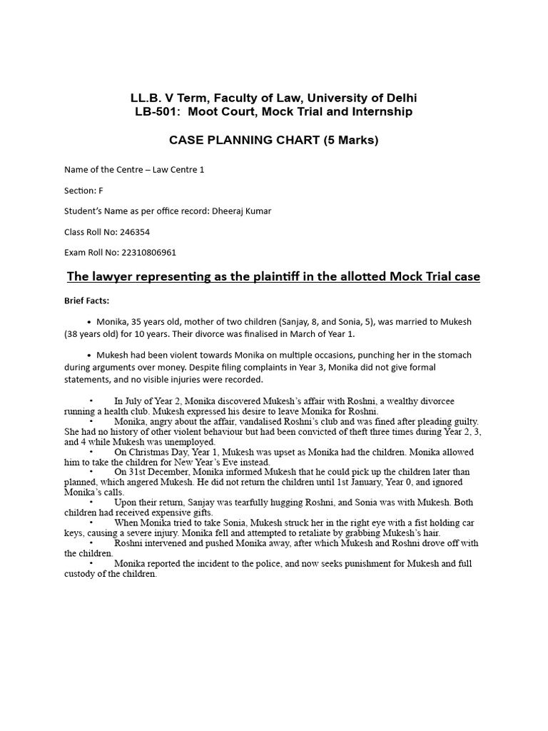 Mock Trial Case Planning Chart 2024 | PDF | Violence | Complaint