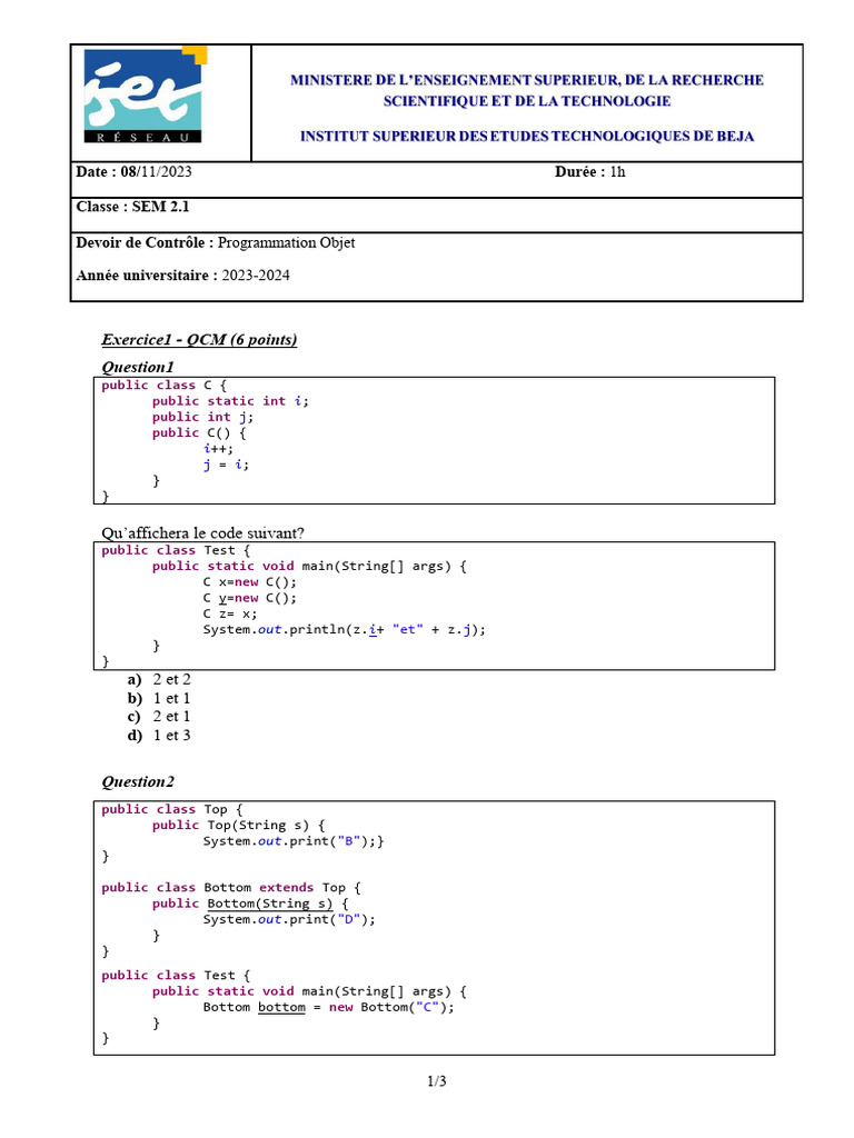 QCM et Exercice sur la Programmation Objet | PDF | Programmation ...