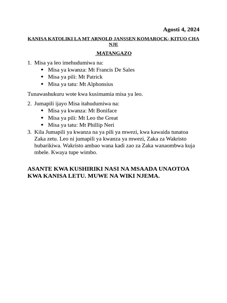 Matangazo 4th Agosti 2024 | PDF