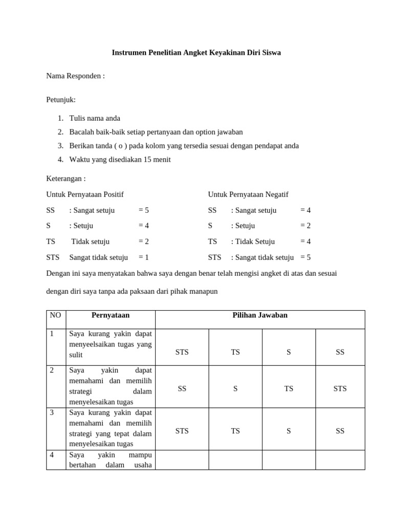 Instrumen Penelitian Angket Keyakinan Diri Siswa | PDF