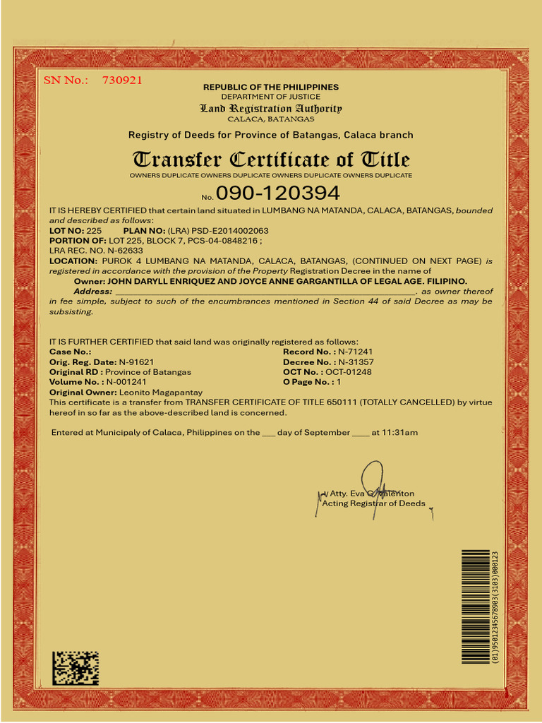 Transfer Certificate of Title: SN No.: 730921 | PDF