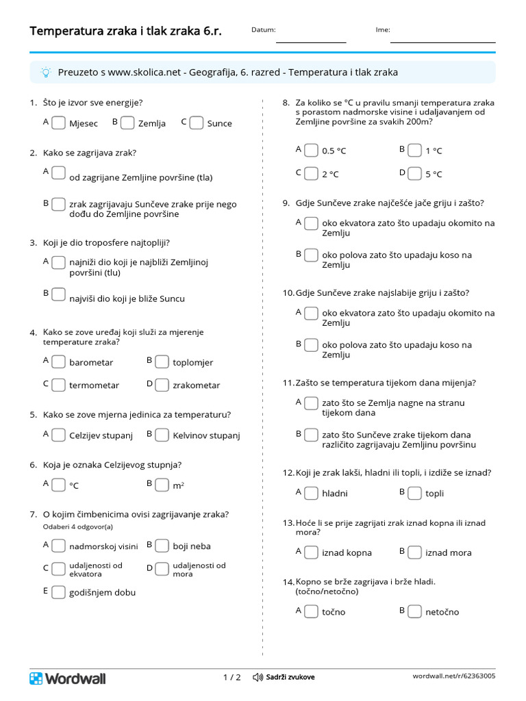 Temperatura Zraka I Tlak Zraka 6 - Razred - Ispit - Geografija | PDF