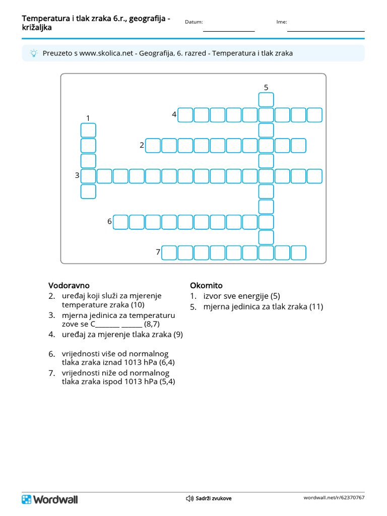 Temperatura I Tlak Zraka 6r Geografija Krizaljka Radni Listic | PDF