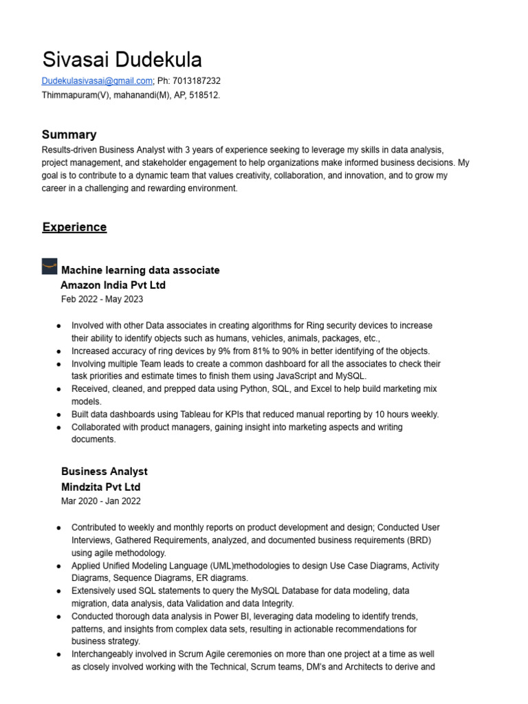 Resume Sivasai Dudekula Sep2024 | PDF | Data | Data Analysis