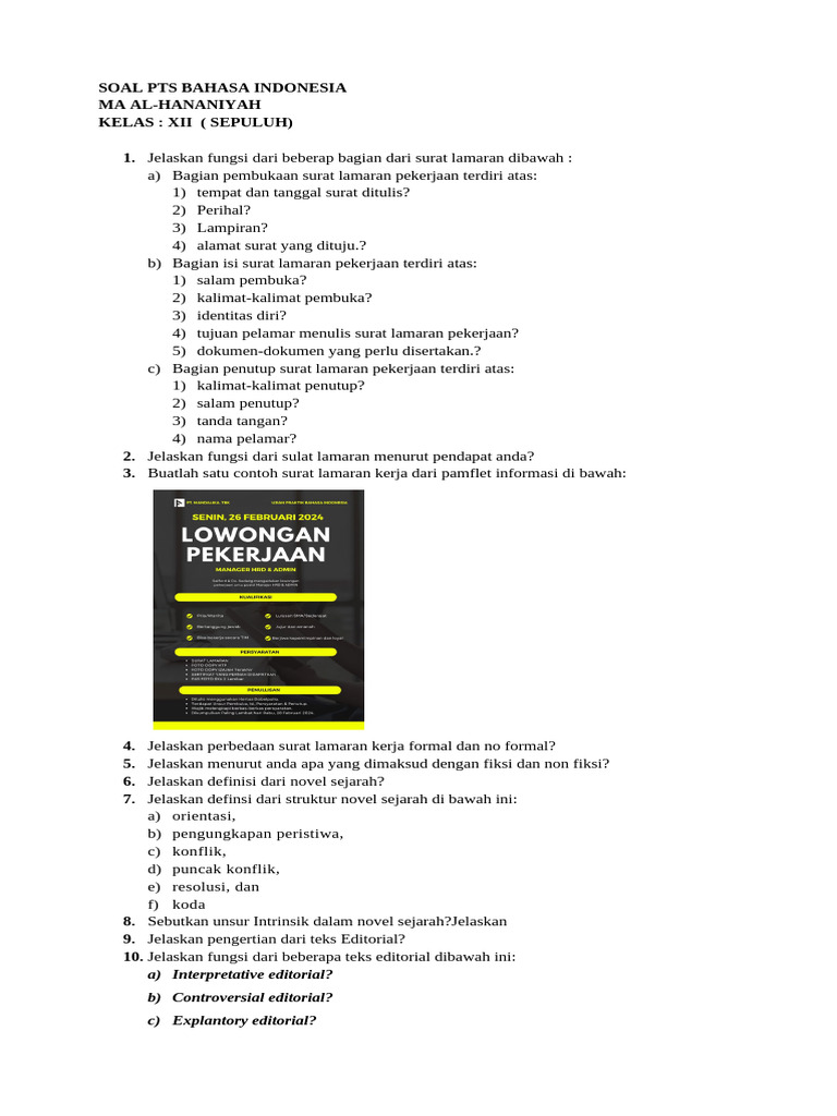 Soal PTS Bahasa Indonesia Kelas Xii Tata Busana Dan RPL Ganjil 2024 | PDF