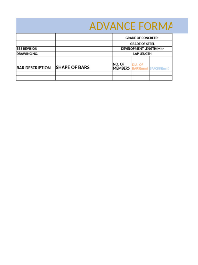 BBS Excel Format for Steel Scheduling | PDF