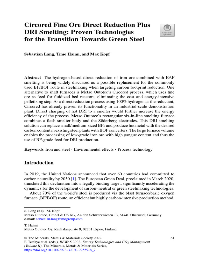Green Steel Tech: Circored & DRI Smelting | PDF | Steelmaking | Smelting