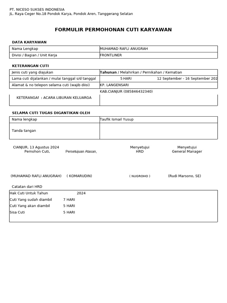 Form Cuti Tahunan M. Rafli A (Fix) - 1 | PDF