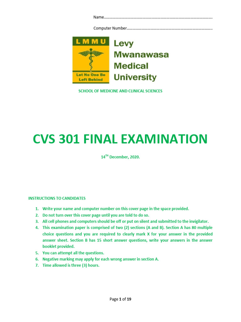CVS 301 Final Exam Paper 2020-1 | PDF | Coronary Circulation | Congenital Heart Defect