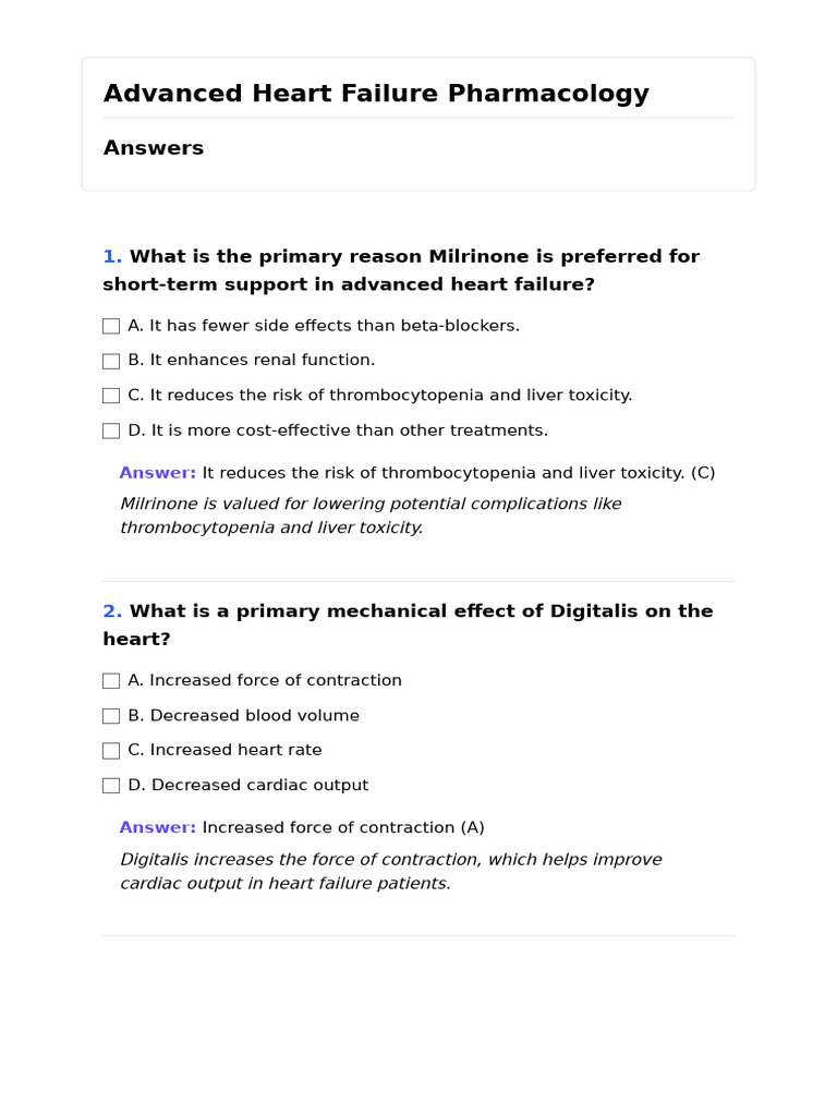 Advanced Heart Failure Pharmacology Answers | PDF | Heart Failure | Heart