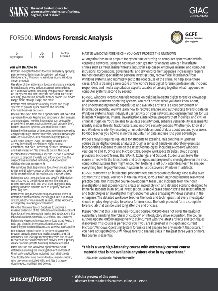 SANS Institute FOR500 Brochure | PDF | Computer Forensics | Digital ...