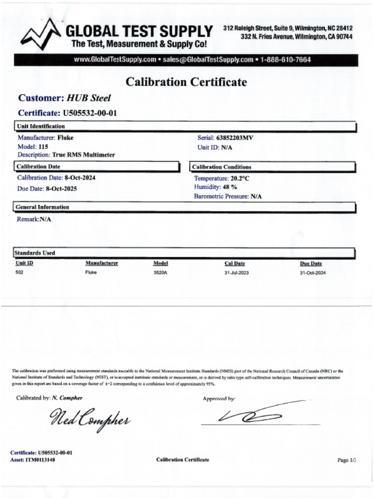 Multimeter Calibration Certificate Oct. 2024-Oct. 2025 | PDF