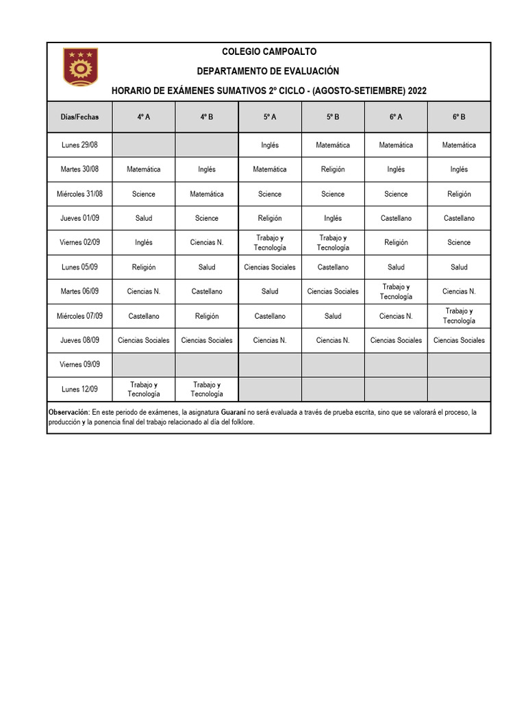 Horario de Exámenes (Agosto-Septiembre) 2º Ciclo | PDF | Science