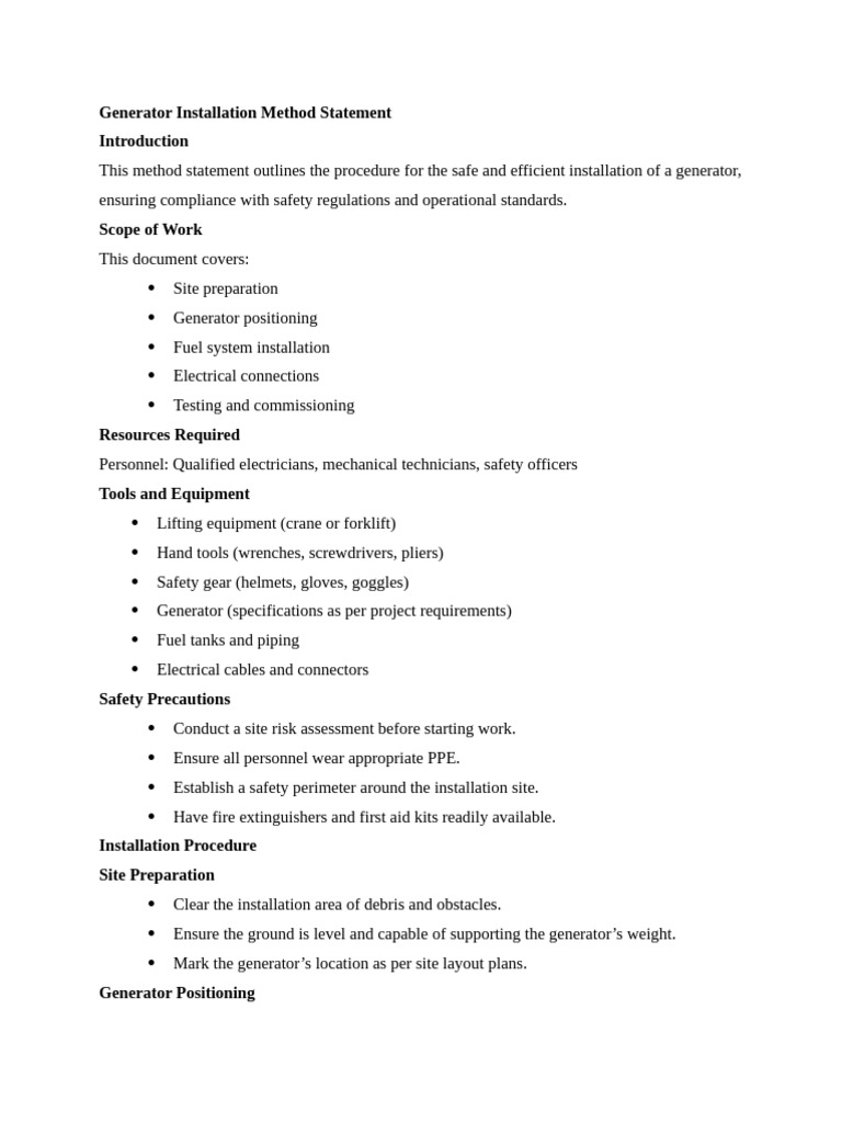 Generator Installation Method Statement | PDF | Electric Generator | Safety