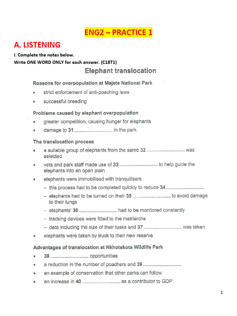 Eng2 - Practice 1 | PDF | Elephant | Poaching