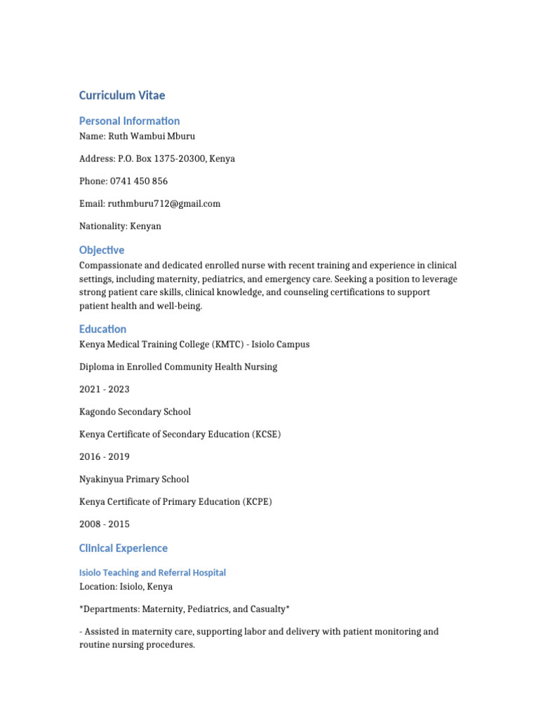 Ruth Wambui Mburu CV | PDF | Emergency Department | Health Care