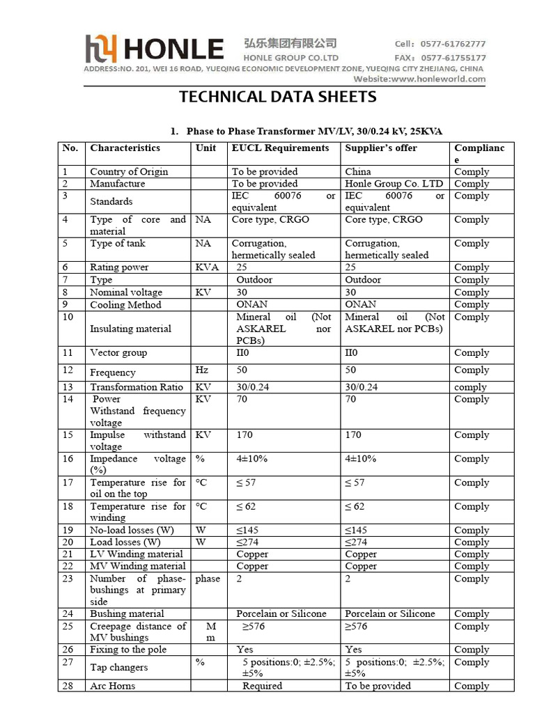 HONLE Transformer Specifications | PDF | Transformer | Insulator ...