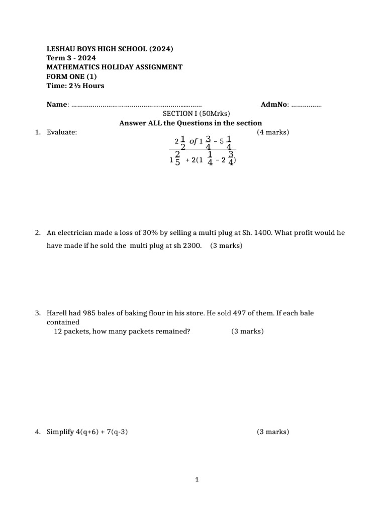 Maths F1T3 2024 Holiday Assignment | PDF | Pound Sterling | Area