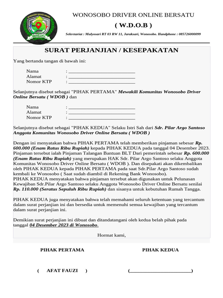 Surat Perjanian Pilar BLT | PDF