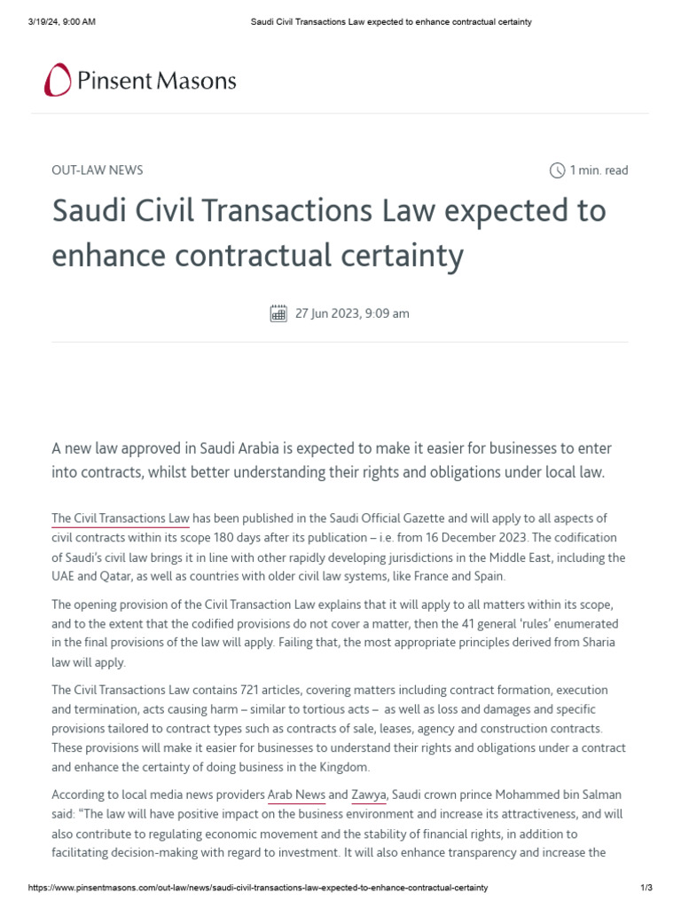 Saudi Civil Transactions Law Expected To Enhance Contractual Certainty ...