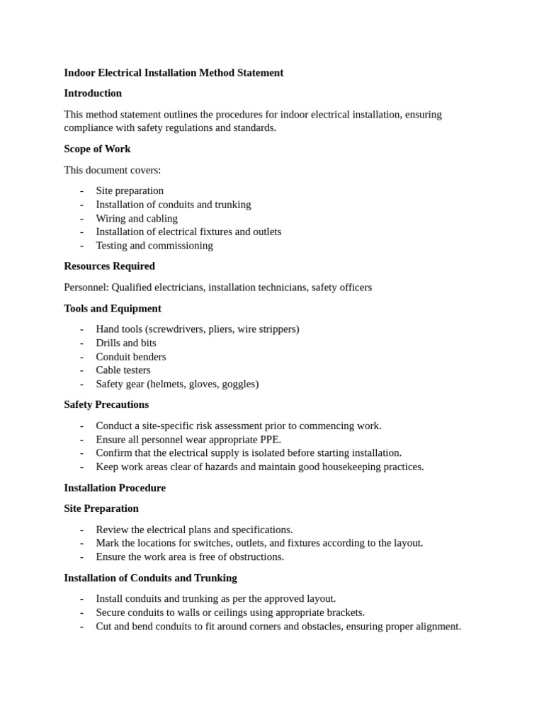Indoor Electrical Installation Method Statement | PDF | Electrical Wiring | Electricity