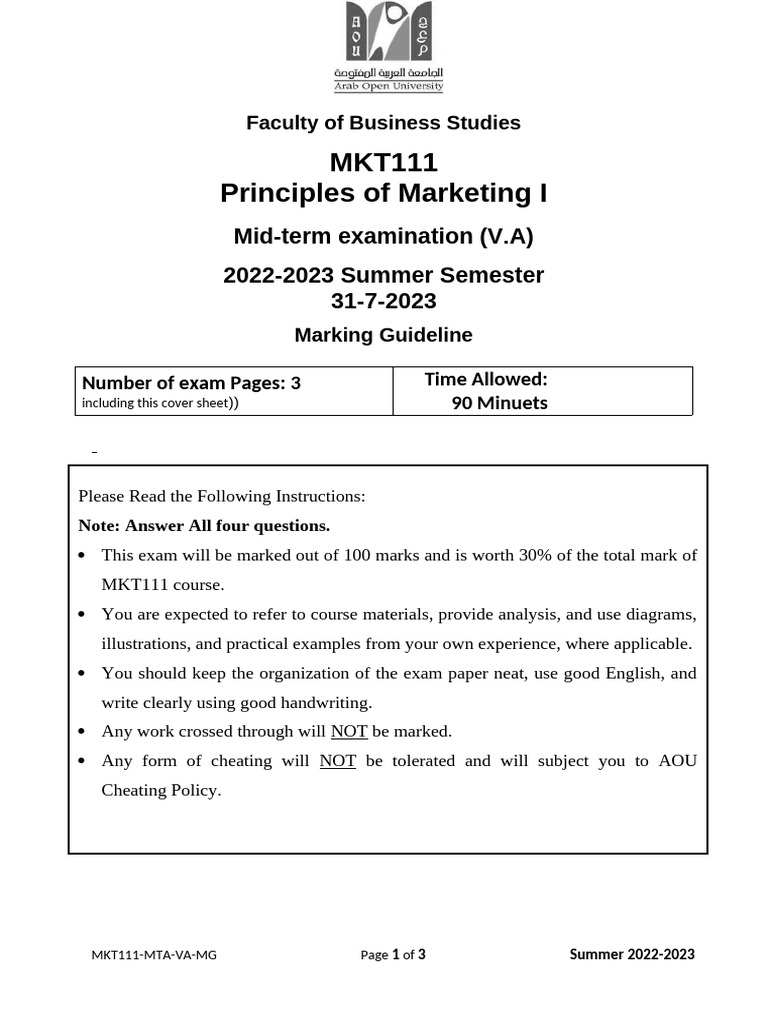 Mkt111 Mta Form A Summer 2022 2023 MG | PDF | Marketing | Target Audience