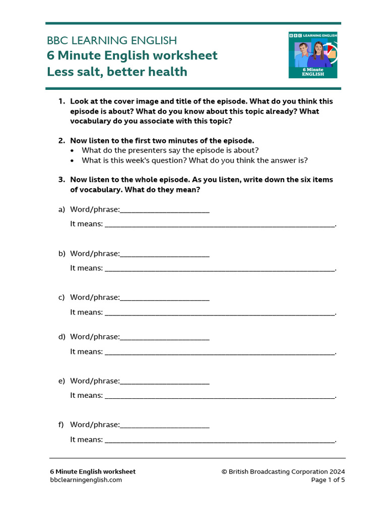 "Less Salt, Better Health: Worksheet" | PDF | Salt